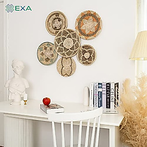 EXA Set of 6 Woven Wall Basket Fire Tribe Decor - Boho Farmhouse Rustic Coastal Room Style - for Thanksgiving Christmas Hanging Wall Art, Gift Idea, Table Settings - Handmade, Round, Natural Seagrass