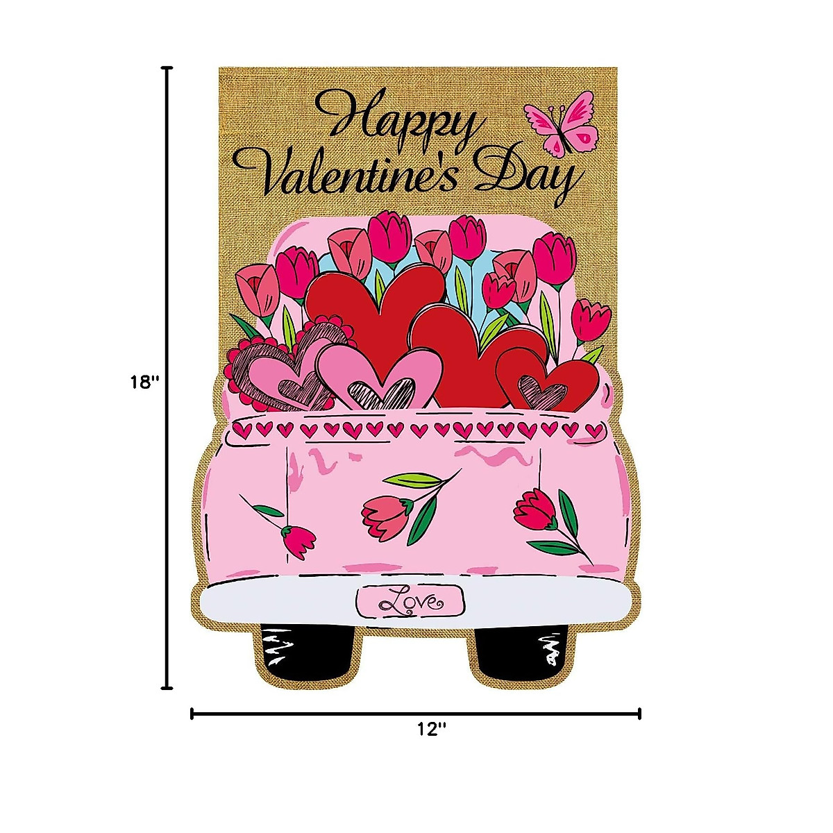 Texupday Happy Valentine's Day Double Sided Burlap Garden Flag Love Heart Floral Pink Truck Butterfly Decoration Outdoor Flag 12" x 18"