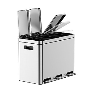 GarveeHome 12 Gallons Rectangular Recycling Trash Can with 3 Compartments, Silver, 45 Liters (4+4+4Gallons)