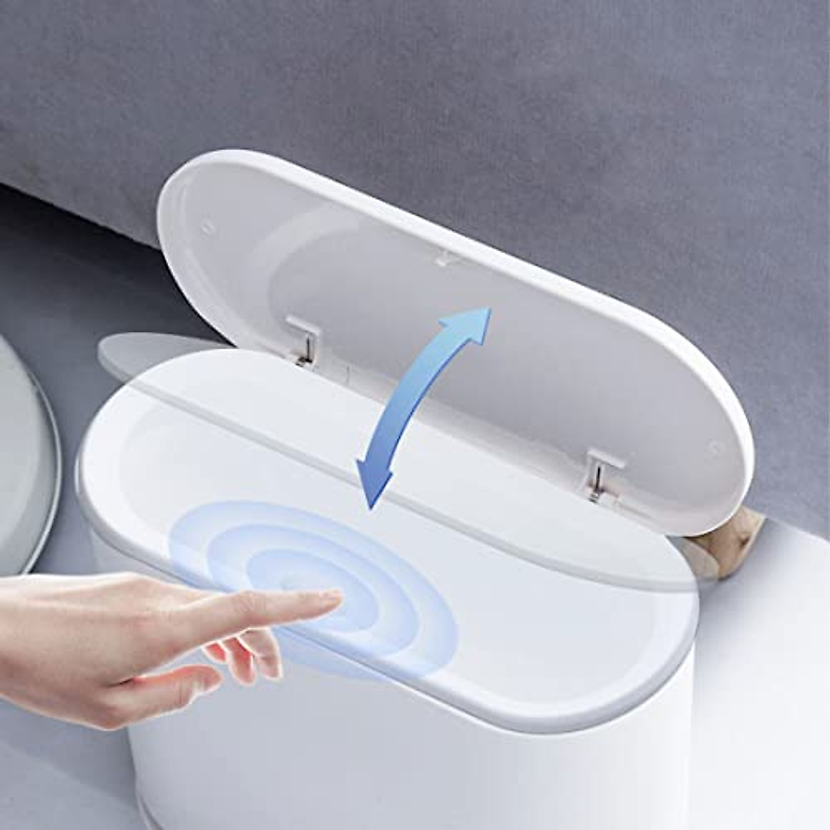 10 Liter Slim Trash Can with Press Top Lid, Oval Split Garbage Bin for Home, Office, Bathroom, (White)