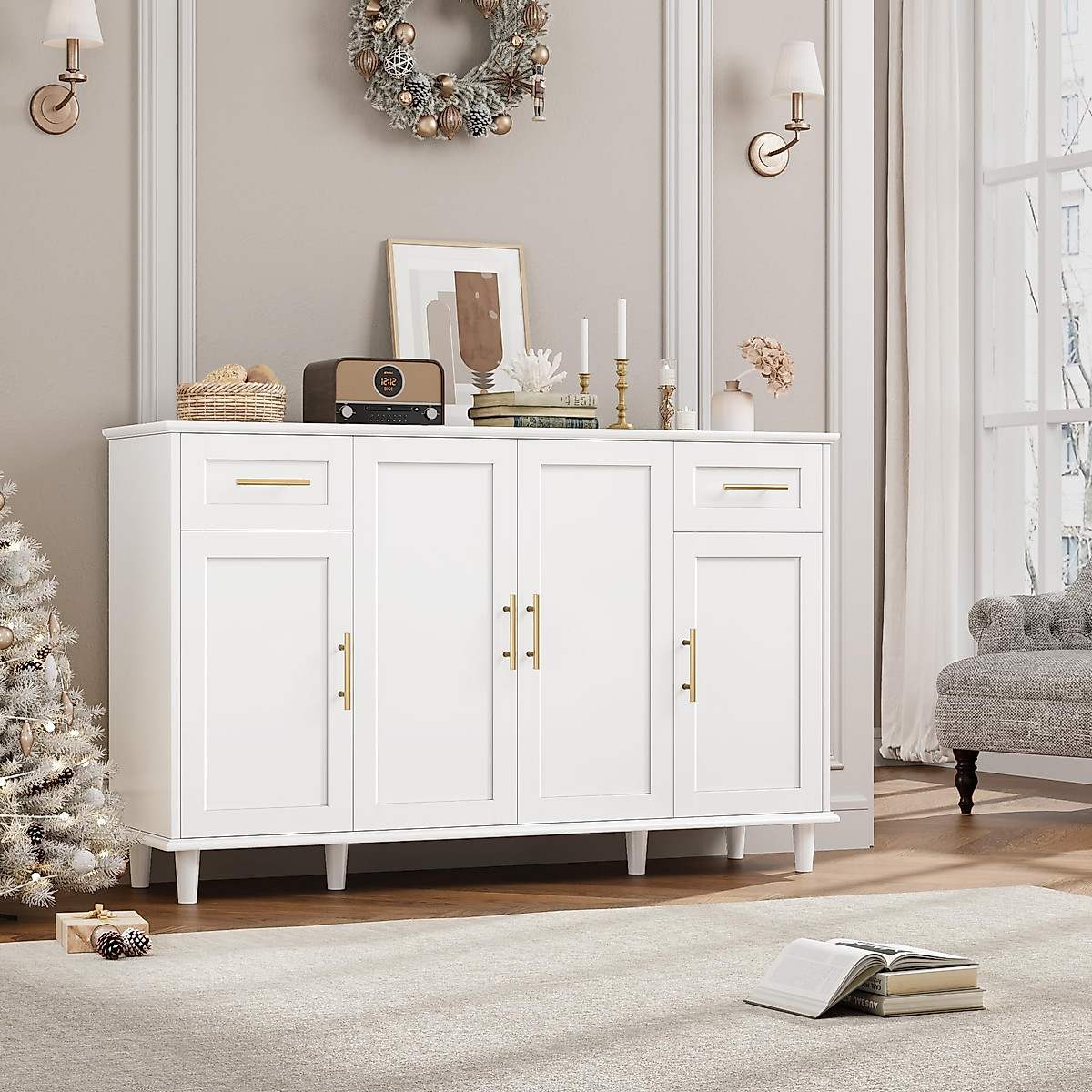 HOSTACK 55" Modern Sideboard Buffet Cabinet with Storage, Large Kitchen Buffet Storage Cabinet with Drawers and Shelves, Wood Coffee Bar Cabinet with Gold Handles for Kitchen, Living Room, White