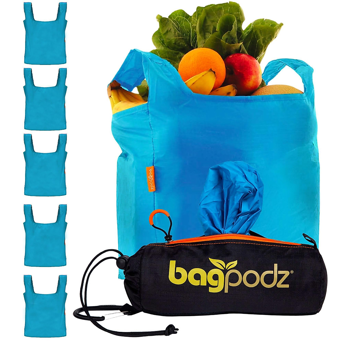 BagPodz Reusable Shopping Bags Inside a Compact Pod with Carry Clip RipStop Nylon Holds 50lbs Very Sturdy, 5 Pack in Blue
