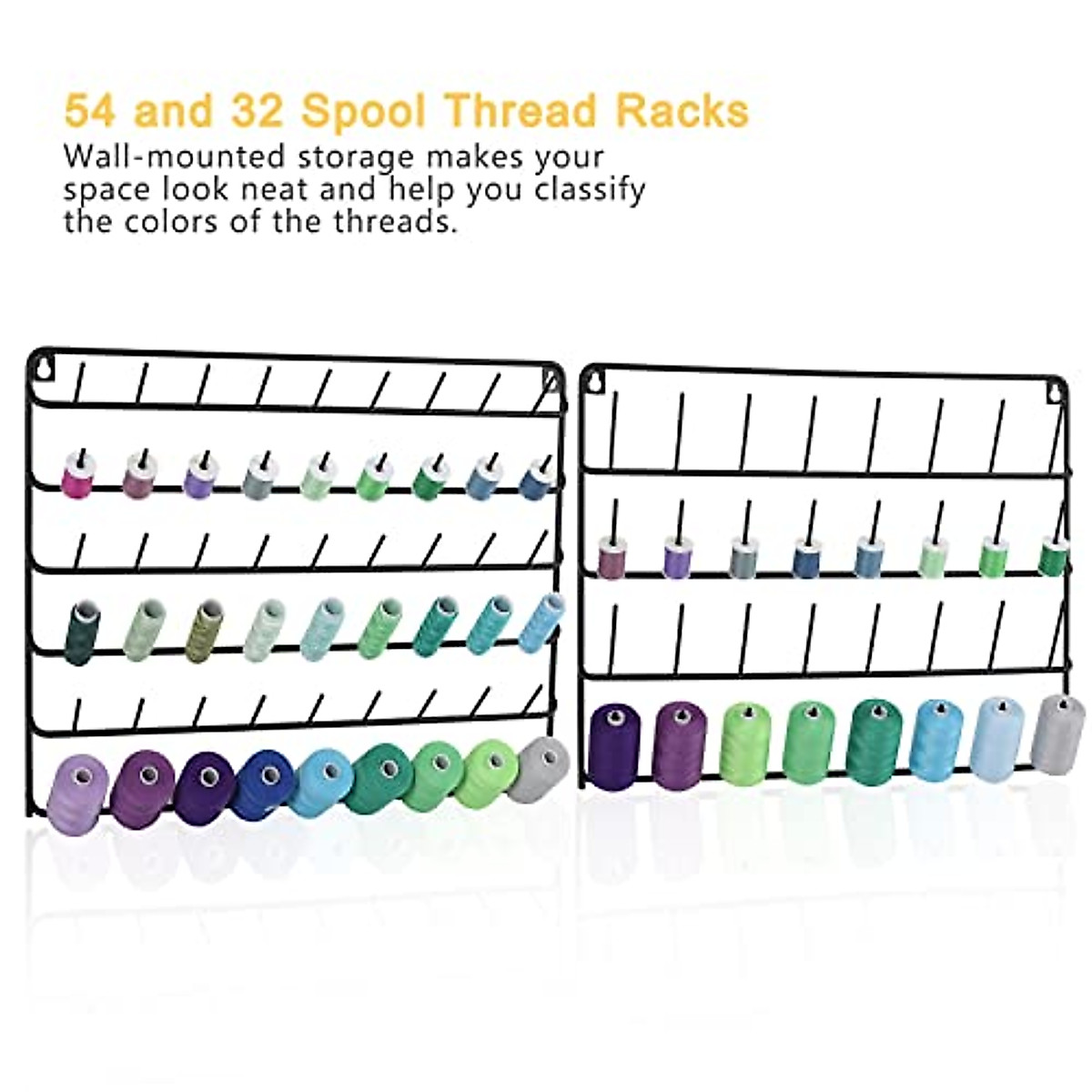 HAITRAL 2 Set of Thread Holders Wall-Mounted,54-Spool and 32-Spool Thread Organizer with Hanging Hooks,Metal Thread Rack for Mini Sewing Threads/Jewelry/Quilting/Embroidery