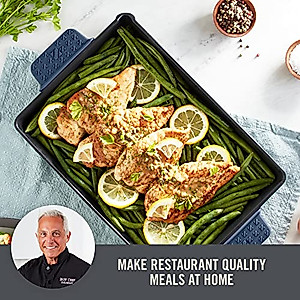 DASH Zakarian by Dash 9"x13" Nonstick Cast Iron Pan with Pour Spout and Removable Silicone Grips for Searing, Baking, Broiling, Grilling and more - Blue