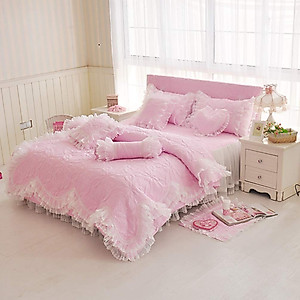 BERTERI Princess Bedding Set Cotton Duvet Cover with Lace Edge Thick Quilted Bed Skirt Twin Queen King Size Romantic Bedline Set for Girls Gift