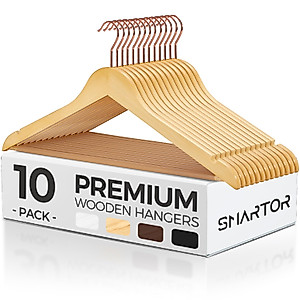 Smartor Wooden Hangers 10 Pack, Durable Coat Hanger Wood Hangers with Bar, Premium Suit Hangers for Men Women - Heavy Duty Hangers Pants Hanger Set with 360° Rose Gold Rotatable Hook, Natural