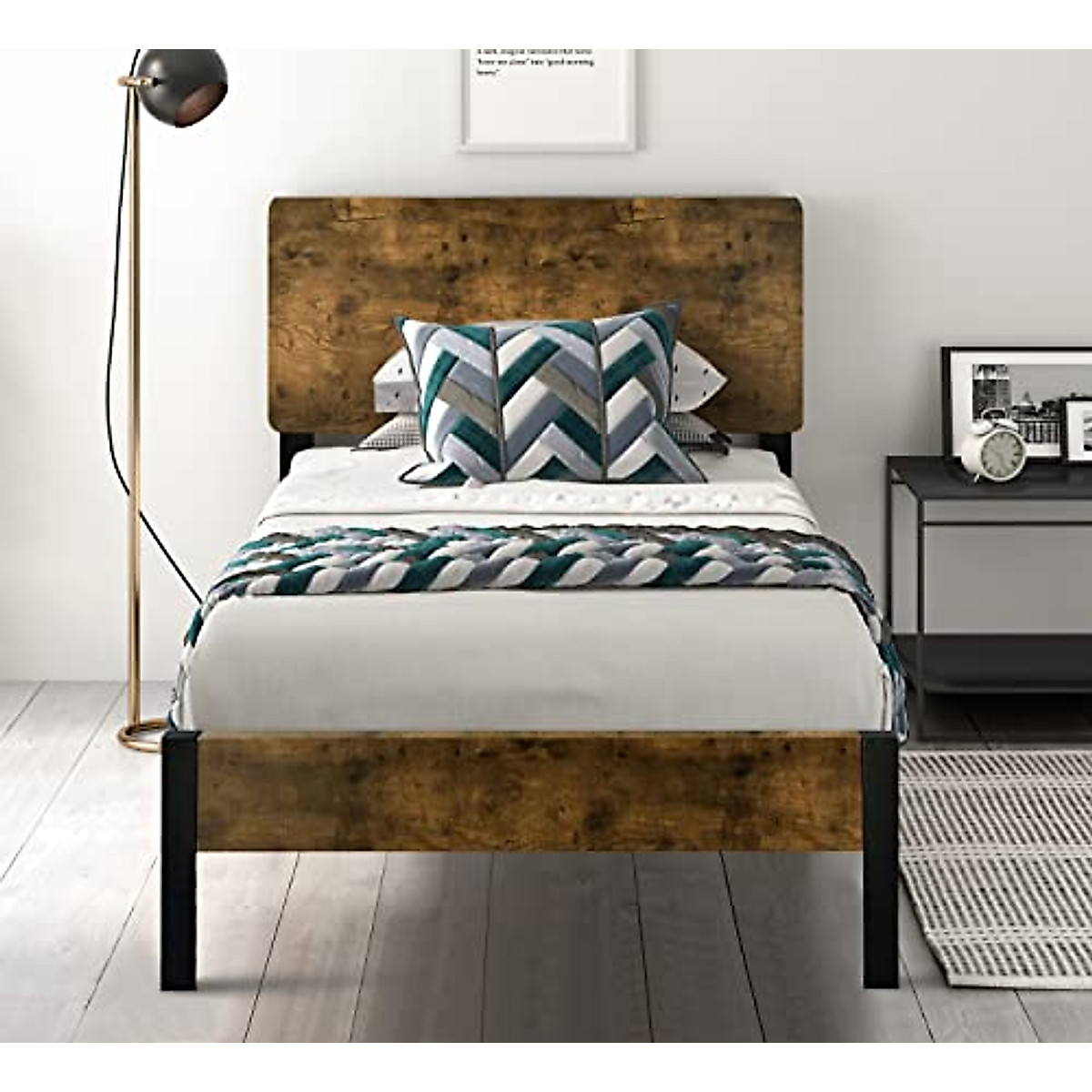 SHA CERLIN Twin Size Metal Platform Bed Frame with Wooden Headboard and Footboard/Rustic Mattress Foundation/No Box Spring Needed/Non-Slip Without Noise/Black&Brown