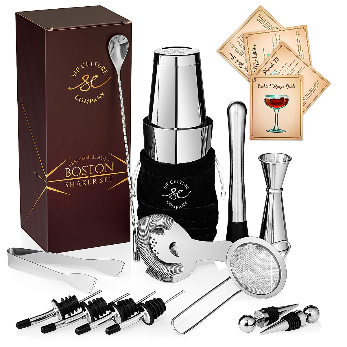 16-piece Pro Cocktail Set with Weighted Boston Shaker. Dishwasher Safe. Includes Stainless Steel Full-Service Bar Tools with Easy-Open Drink Shaker, Recipe Guide & Carry Bag