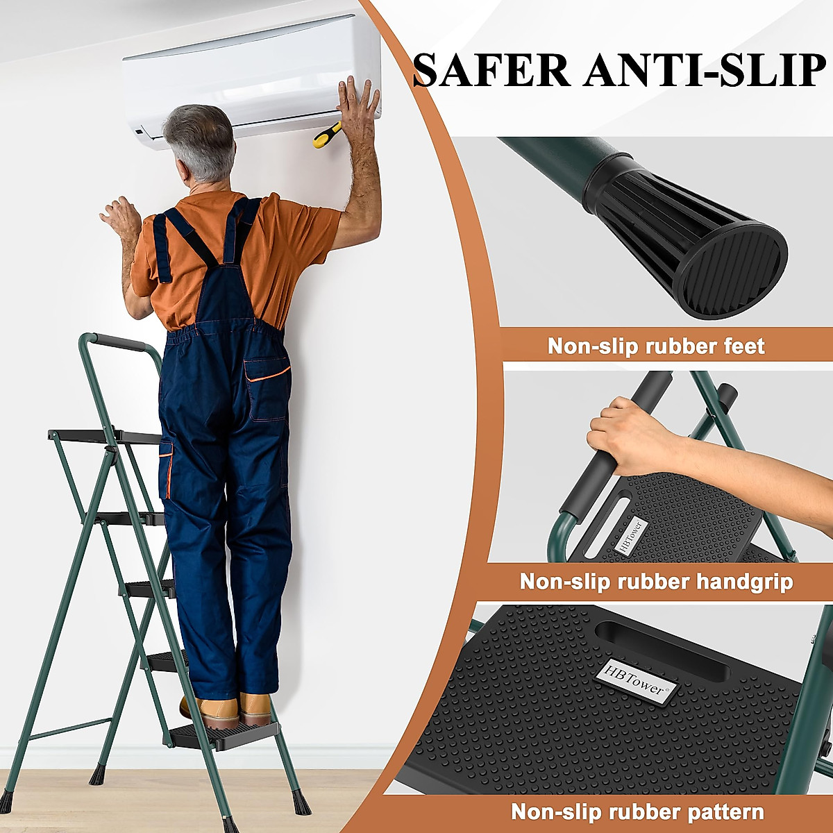 HBTower 4 Step Ladder with Handrails, Folding Step Stool Portable Steel Ladder for Adults for Home Kitchen Library Office, Green