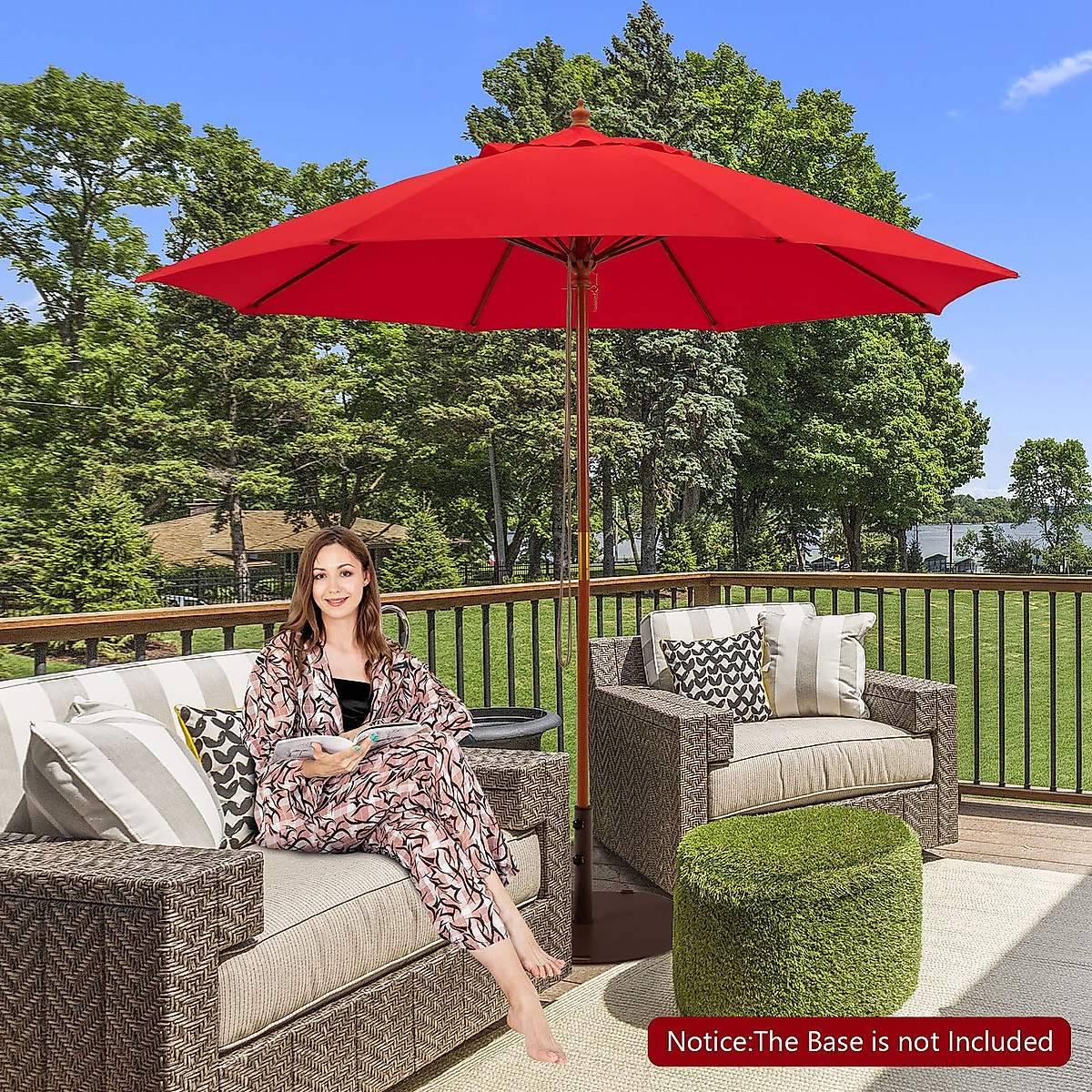 Tangkula 9.5 FT Red Wooden Pulley Umbrella with 8 Fiberglass Ribs, Rope Pulley Mechanism, and Vented Canopy for Patio, Deck, Poolside, Garden, Lawn, Terrace