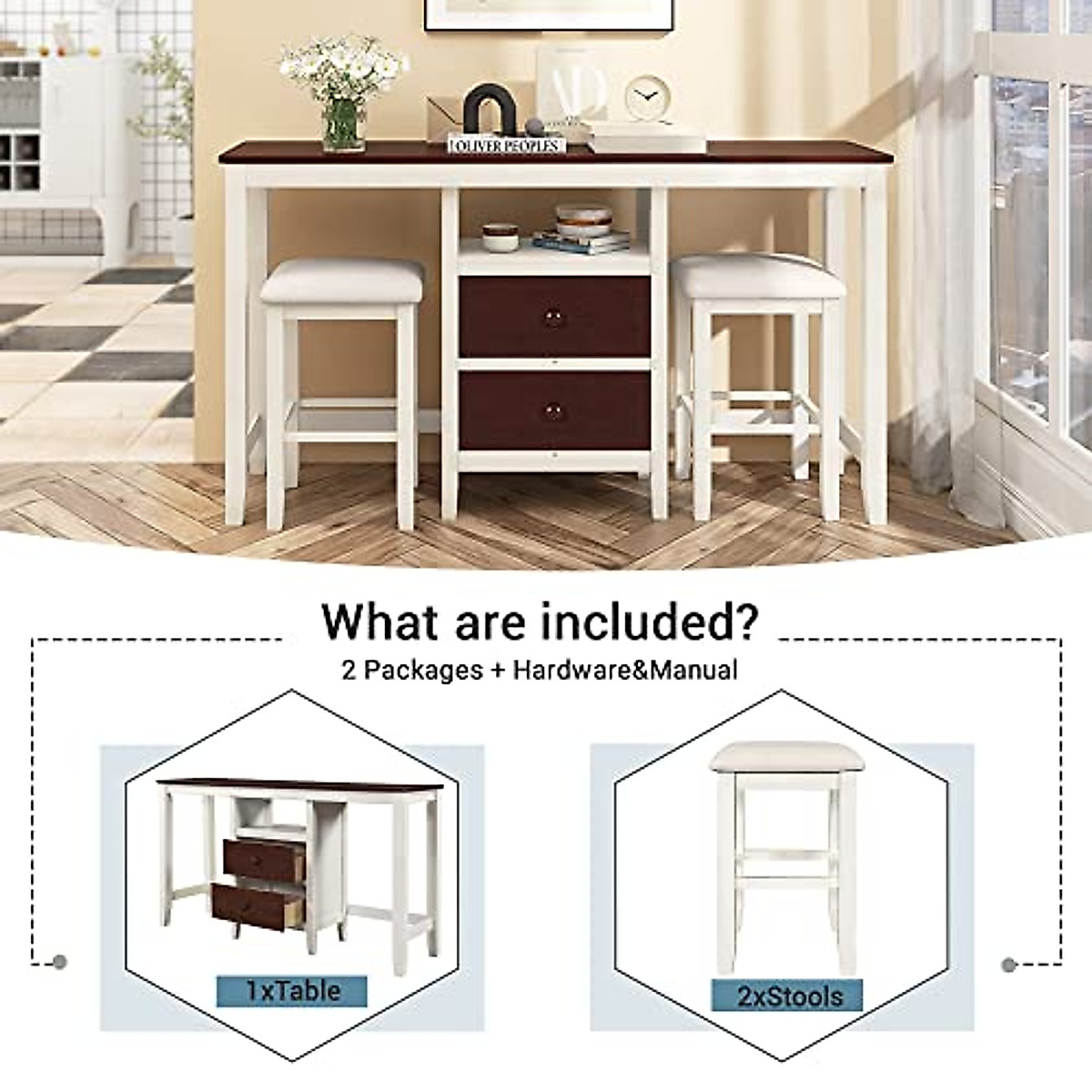 Quarte Farmhouse 3-Piece Dining Table Set,Rustic Counter Height Dining Table Set with 2 Storage Drawers and 2 Stools for Small Places (Brown+White/New*)