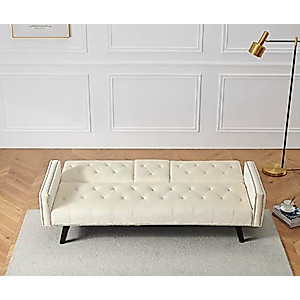 Verfur Button Tufted Convertible Futon Sofa Bed,Modern Velvet Upholstery Sleeper Couch Daybed with 2 Cup Holders and Square Armrests for Small Places Sofabed, Beige 72" with 1 Pillow