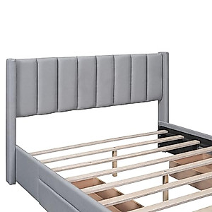 HAUSHECK Queen Upholstered Size with 3 Storage Drawer and Classic Wingback Headboard, Modern Platform Frame w/Wooden Slats Support Mattress Foundation, Bed No Box Spring Needed, Gray