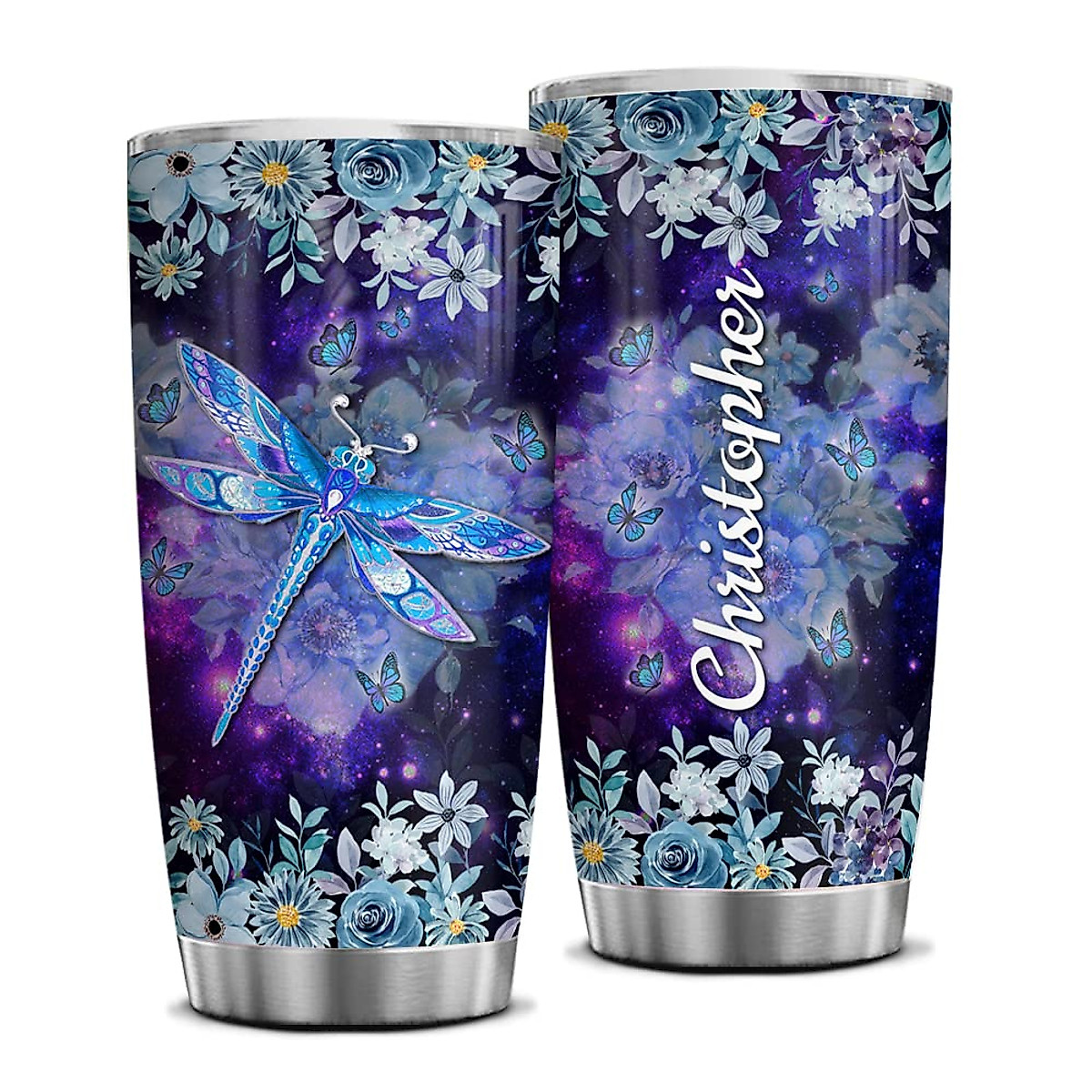 Wassmin Personalized Animal Tumbler Cup With Lid 20oz 30oz Custom Name Animal Stainless Steel Double Wall Vacuum Insulated Tumblers Coffee Travel Mug Birthday Christmas Customized Gifts (Dragonfly)