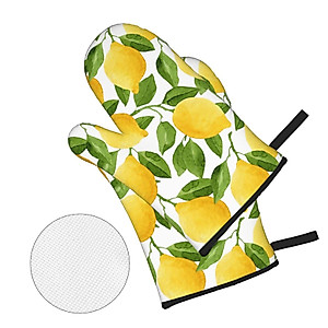 Yellow Lemon Oven Mitts and Pot Holders Set of 4, Oven Mittens and Potholders Heat Resistant Gloves for Kitchen Cooking Baking Grilling BBQ