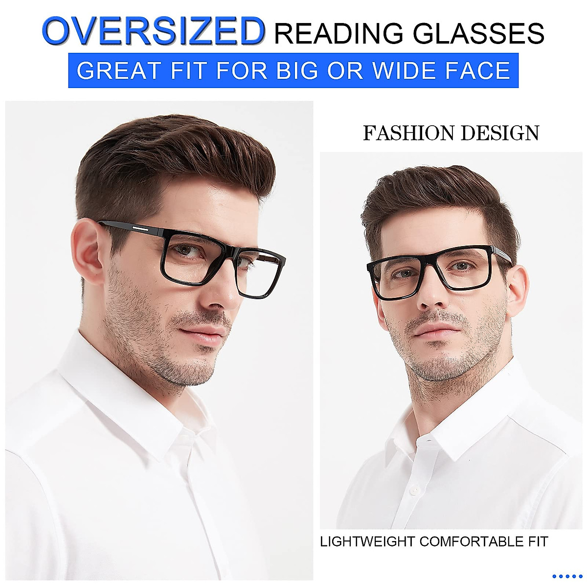 MARE AZZURO Oversized Square Reading Glasses Men Large Readers Big Face 1.0 1.25 1.5 1.75 2.0 2.25 2.5 2.75 3.0 3.5 4.0 5.0 6.0 (Black, 2.00)