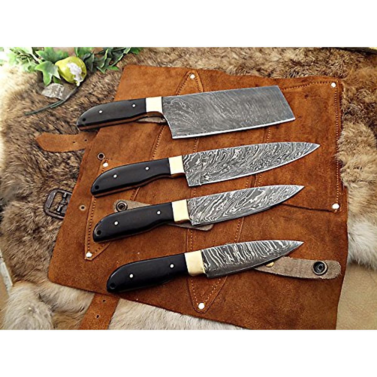 4 Pieces Chef Knives Set, Slicer, Chef, Cleaver Overall 37 inches Full Tang Hand Forged Damascus Steel Blade, Custom Made Leather Sheath