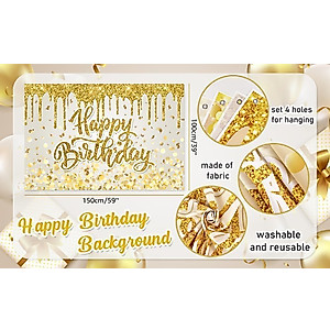 Gold Birthday Party Decorations Set Happy Birthday Decorations for Women Girls- Happy Birthday Banner Backdrop Gold and White Balloons Tassel Curtains Gold Dot Tablecloth Birthday Party Supplies