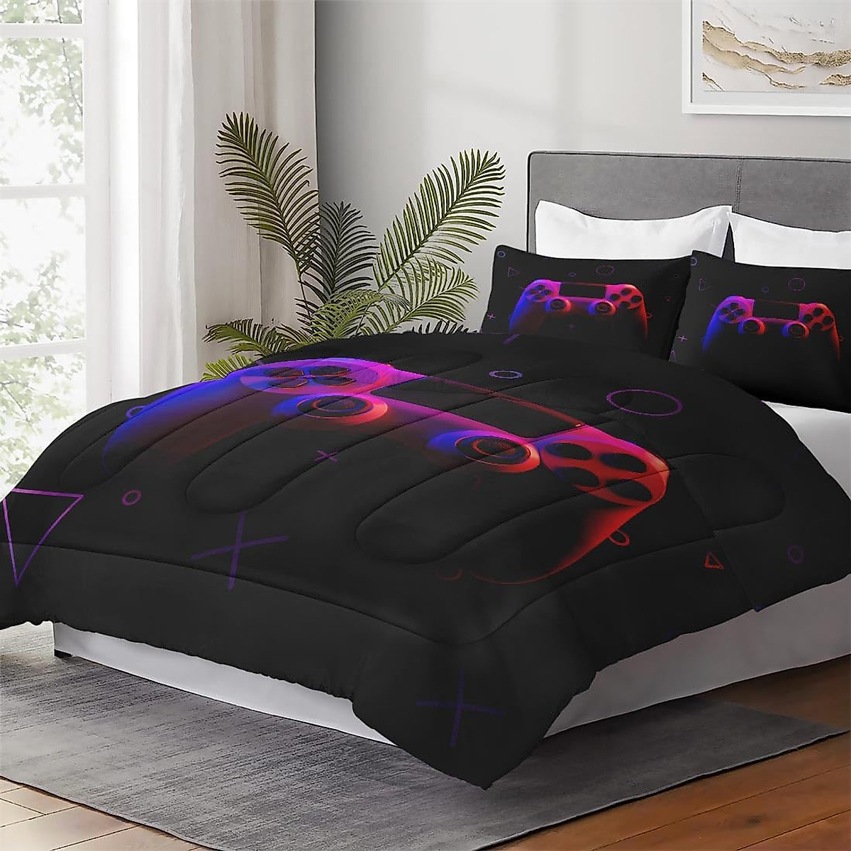 WeCozy Twin Size Comforter Set with Pillowcase, Red Gamepad Gaming Neon Game Soft Bedding Set for Kids and Adults Bedroom Bed Decor