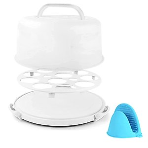 Cake Carrier With Lid and Handle – 3 In 1 Multipurpose Cake Storage Container Hold Upto 11 Cupcakes, 10 Inched Cake & 5 Section Serving Tray for Snacks & Fruit – Cake Holder With Mittens
