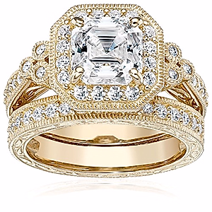 Amazon Essentials Yellow-Gold-Plated Sterling Silver Antique Ring set with Asscher-Cut Infinite Elements Cubic Zirconia, Size 9, (previously Amazon Collection)