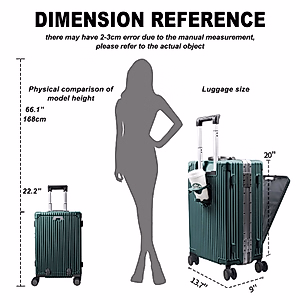 DwanNuts Carry On Luggage with Cup Holder and Usb Port, Aluminum Frame, Front Compartment, TSA Lock, 22x14x9 Airline Approved Hardside Suitcase with Spinner Wheels(Dark Green, 20-lnch)