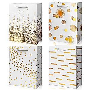 Carnation Gift Bags, 12 Pack 9.25x6.9x3.15 Inch Gift Bags Medium Size, Gift Bags Small Size with Handles, Gold Foil Gift Bags, Monther's Day Gift Bags, Gift bags for Birthday, Baby Shower, Wedding, Party Favor, Father's Day
