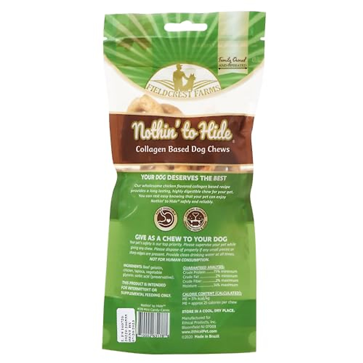 Fieldcrest Farms Nothin' to Hide Mini Holiday Candy Cane Chicken Flavor Dog Chews, Rawhide-Free, Easily Digestible, Long-Lasting, All-Natural Treats for Moderate Chewers up to 15lbs, 6-Ct