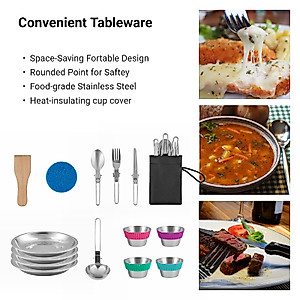 Bulin 37PCS Camping Cookware Mess Kit Lightweight Backpacking Cooking Set Outdoor Cook Gear for Family Hiking, Picnic(Kettle, Pot, Frying Pan, Cups, Plates, Forks Knives Spoons, Carabiner)