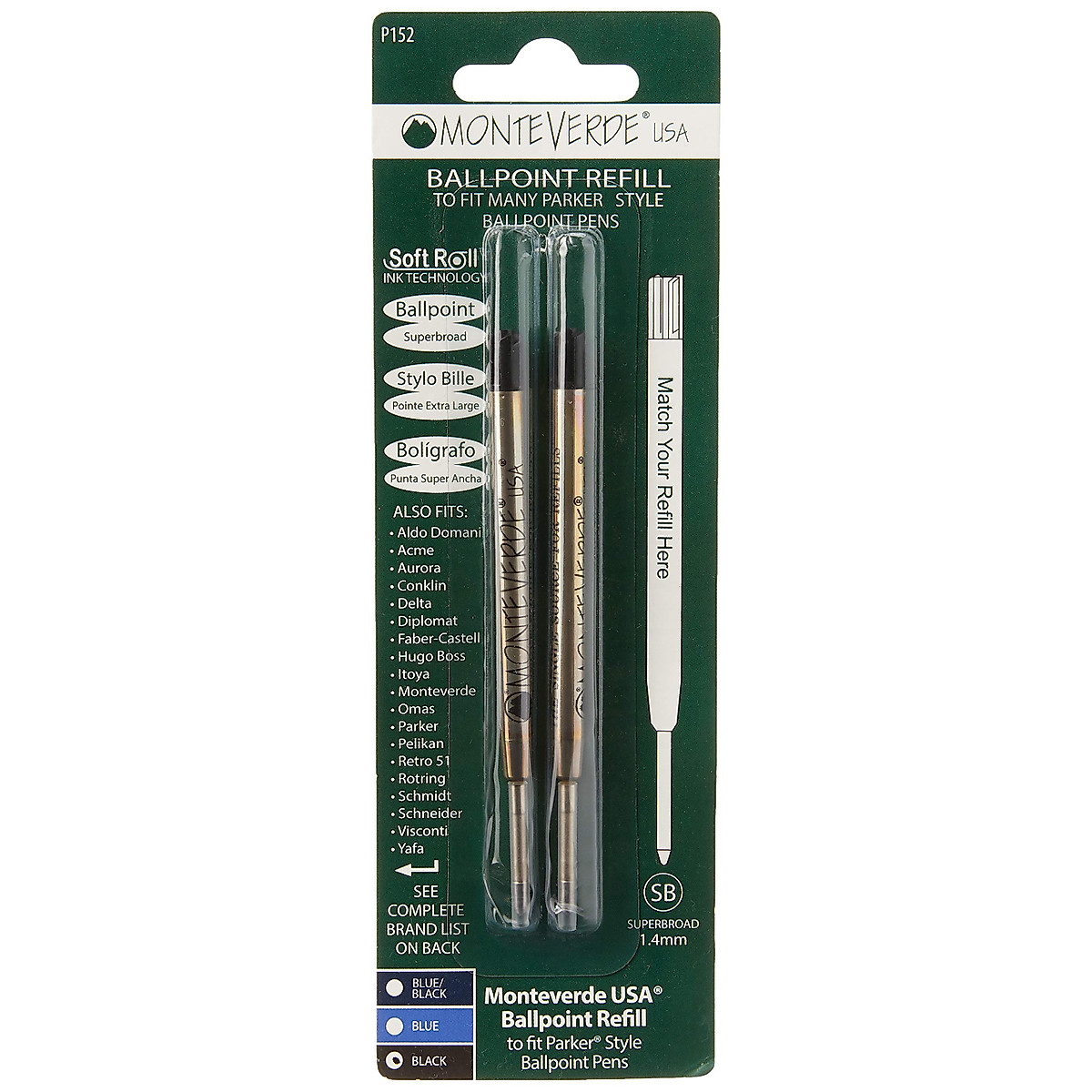 Monteverde Ballpoint Refill to Fit Parker Ballpoint Pens, Super Broad Point, Soft Roll, Black, 2 per Pack (P152BK)