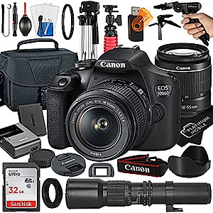 Canon EOS 2000D / Rebel T7 DSLR Camera with EF-S 18-55mm + 500mm Preset Manual Focus Lens + SanDisk 32GB Card + Tripod + Case + MegaAccessory Bundle (23pc Bundle) (Renewed), Black /Multicolor