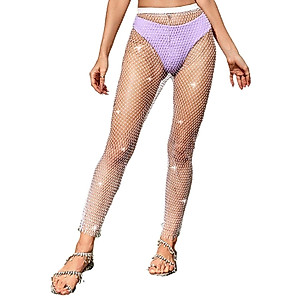 Yokawe Sparkly Crystal Mesh Pants Rhinestone Hollow Out Fishnet Bottoms Rave Party Festival Club Trousers Summer Beach Body Accessories for Women (White)