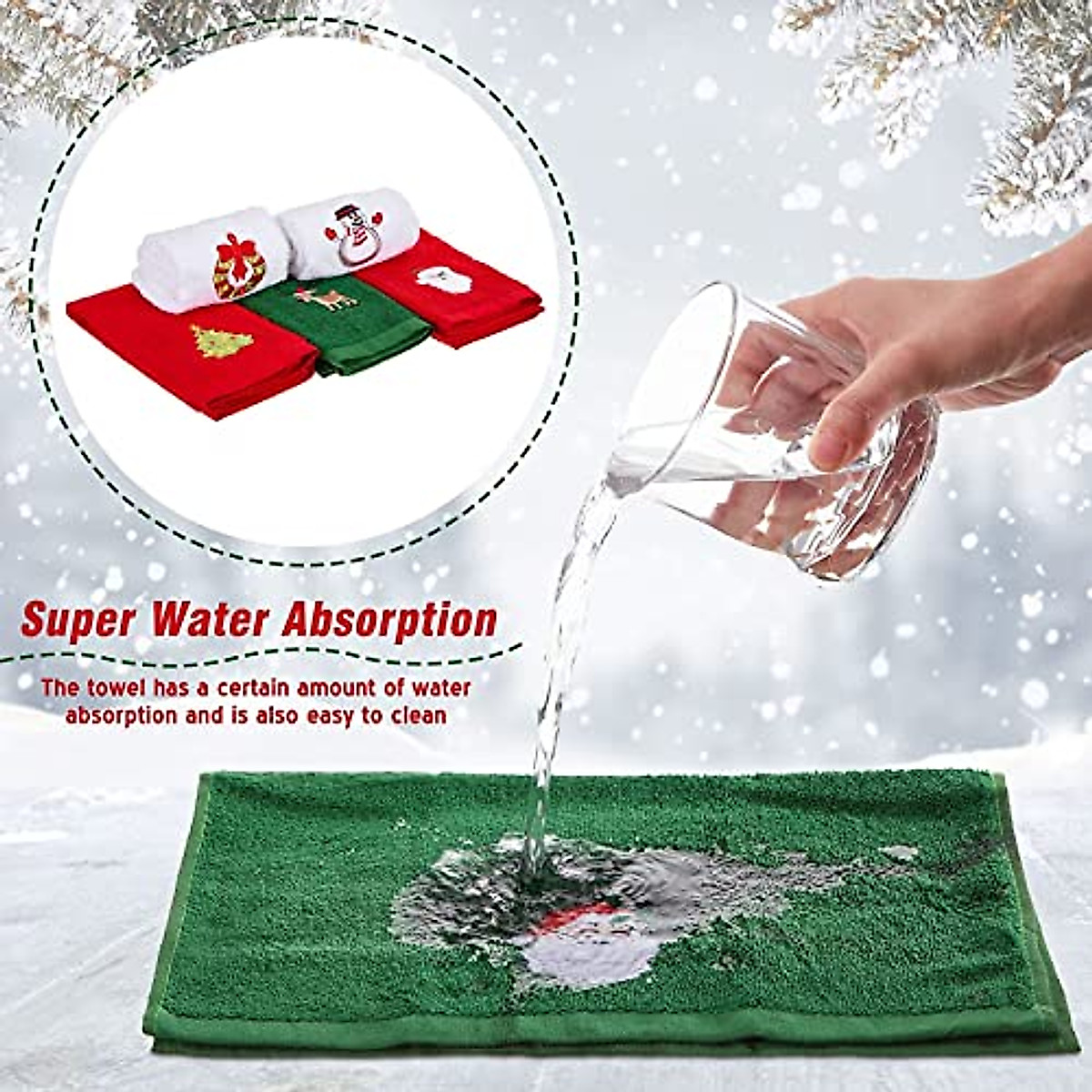 6 Pieces Christmas Decorative Hand Towels Embroidered Santa Reindeer Snowman Christmas Tree Dish Towels Soft Green Red White Fabric Bathroom Towels for Home Kitchen Bathroom Cleaning (Classic Style)
