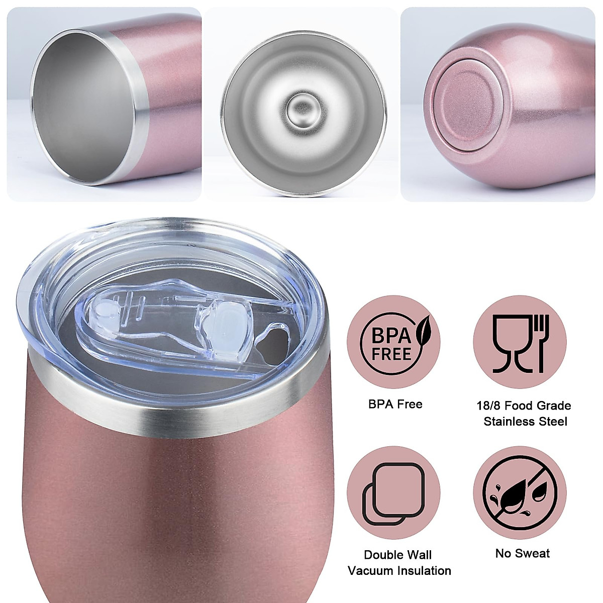 MEZMUT 12 Oz Insulated Wine Tumbler with Lid Double Wall Vacuum Stainless Steel Wine Glass Coffee Mug Insulated Tumbler Cup for Champaign, Cocktail, Beer (Rose Gold, 1 Pack)