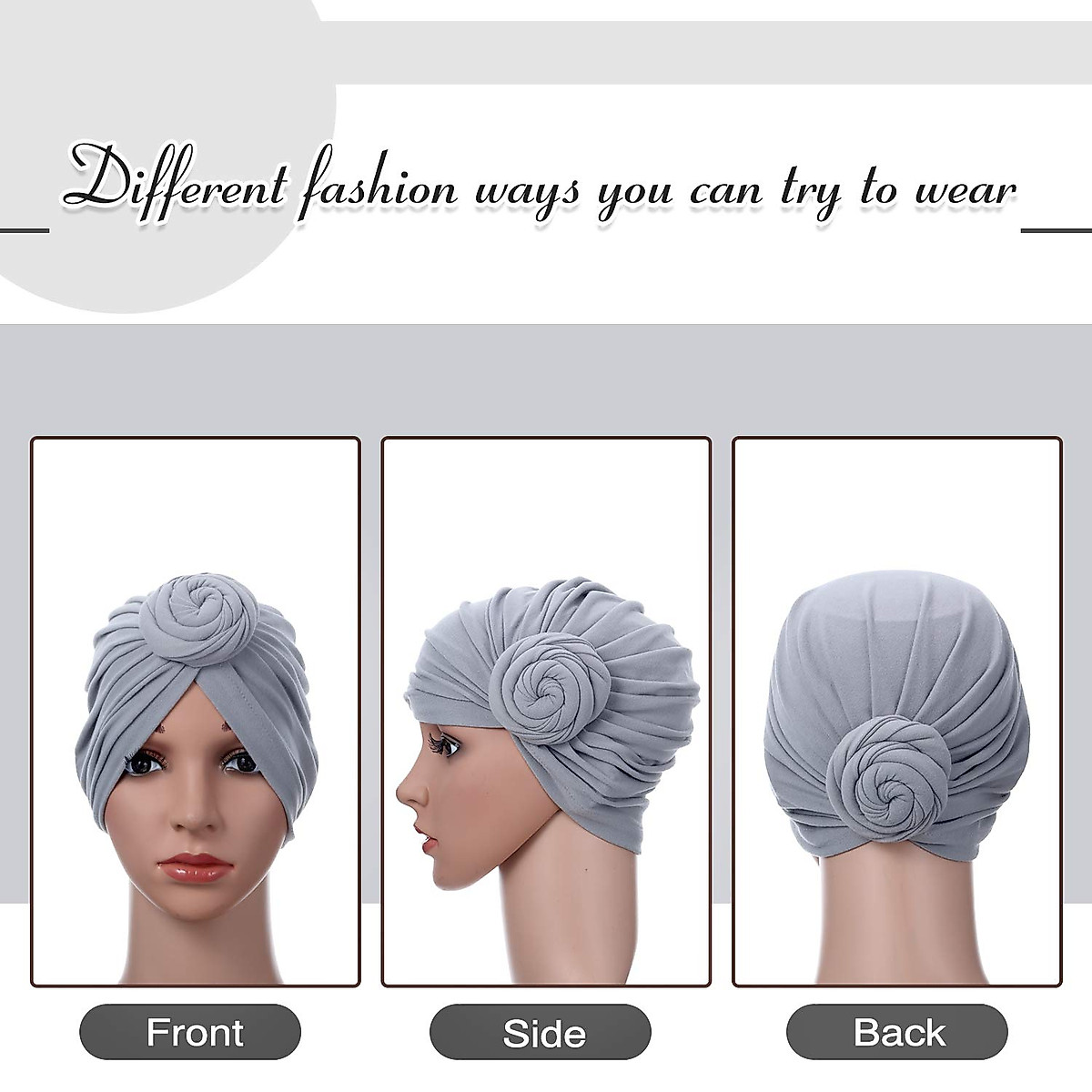 SATINIOR 6 Pieces Women African Turban Flower Knot Pre-Tied Bonnet Beanie Cap Headwrap (Black, Royal-blue, Gray, Camel, Purple, Green)