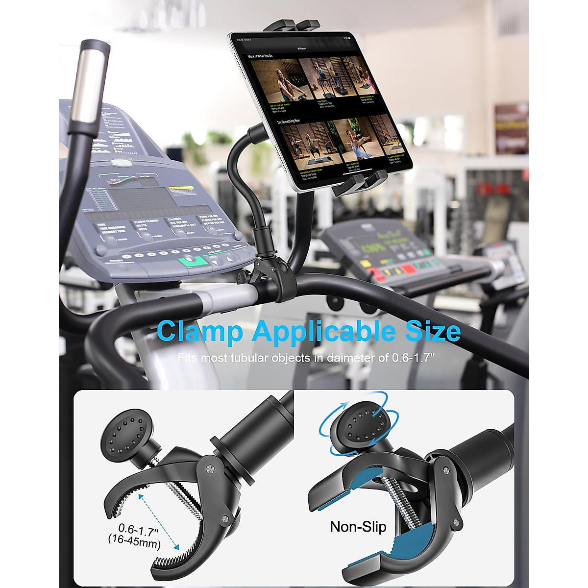 woleyi Gooseneck Spin Bike Tablet Mount, Elliptical Treadmill Tablet Holder, Indoor Peloton Stationary Exercise Bicycle Tablet Clamp for iPad Pro 12.9/Air/Mini, Galaxy Tabs, 4-13" CellPhone or Tablets