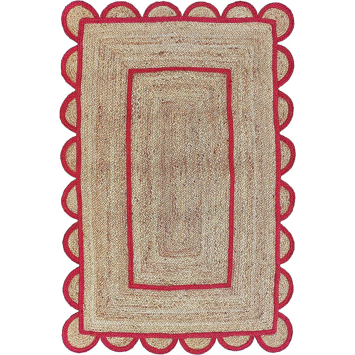 BUNDELA EXPORTS Scalloped Jute Area Rug, Floor Farmhouse Rug Natural Braided Reversible Boho Eco Large 2x12 Ft Runner Rug (RED)