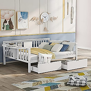 Aprilsoul Full Size Daybed with Two Drawers, Wood Slat Support, for Bedroom, Living Room, Guest Room, Children Room, Dormitory, Wooden Construction, Easy to Assemble, White