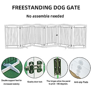 ZJSF Free standing Panel Dog Gate with Door for Indoor,Doorways,House, Hallways,or Stairs Freestanding Foldable Gate for Dog White Wooden Puppy Gate Pet Gate 24''H