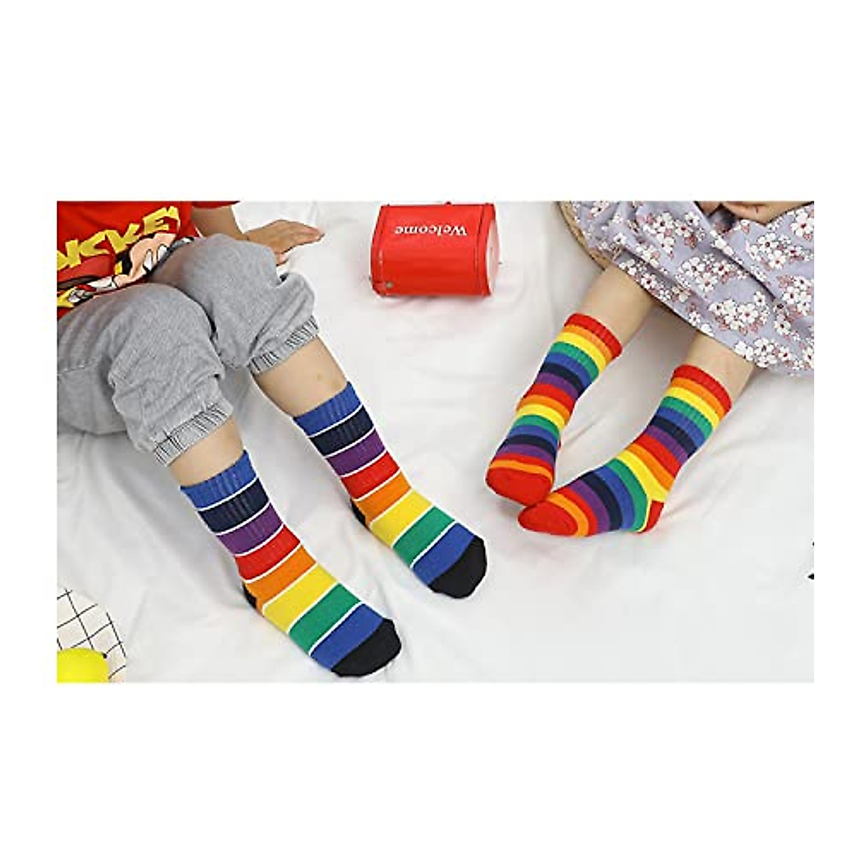 5 Pack Kids Toddler Big Little Girls Cotton Crew Socks Rainbow Stripes Cute Fun Socks
