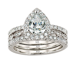 Wuziwen Halo Pear Cut Wedding Ring Set CZ Engagement Rings for Women 925 Sterling Silver Size 7