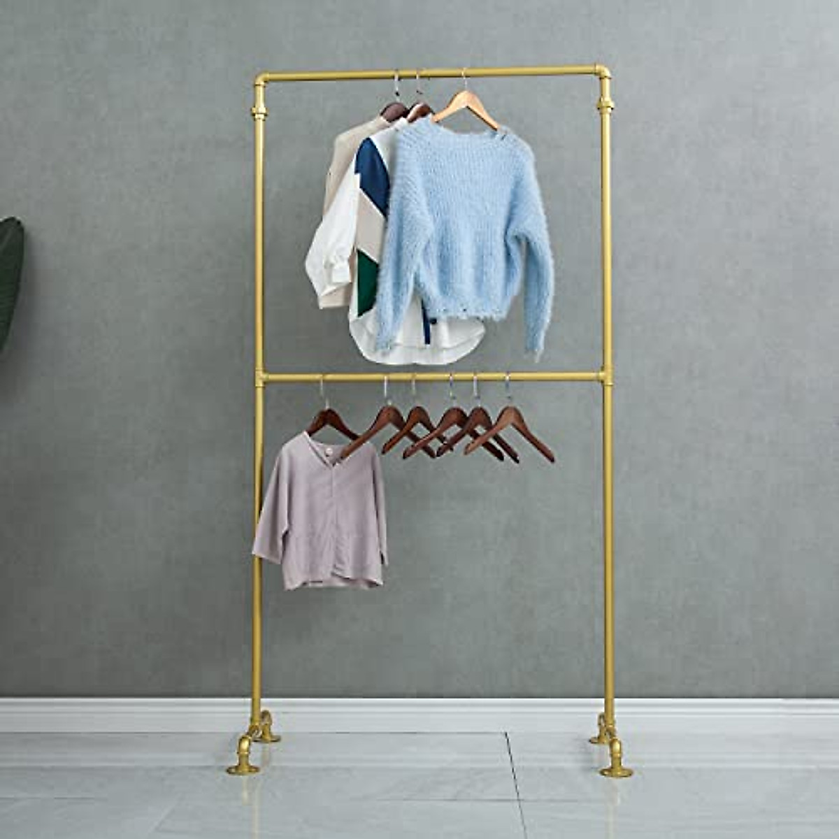 CIVANA 2 Tiers Iron Pipe Clothing Rack, Garment Display Shelf, Commercial Clothes Hanger, Retail Cloth Hanging Bar, Steampunk Style, Gold, 78.7inch