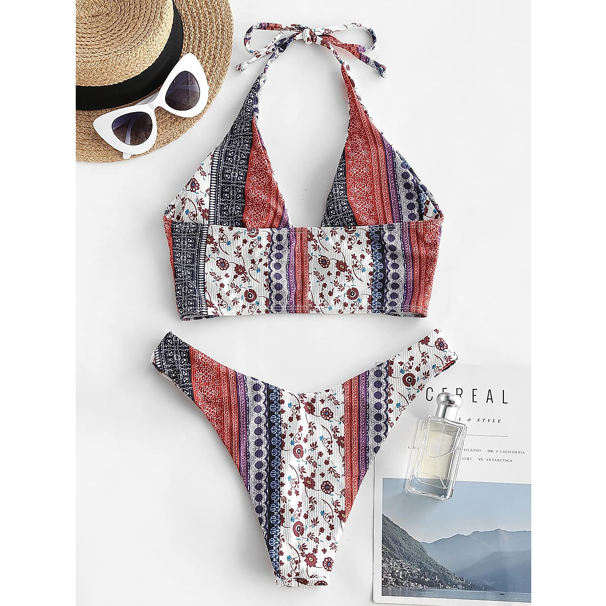 ZAFUL O Ring Halter Bikini for Women High Cut Ribbed Tribal Swimsuits Trendy 2 Piece Bathing Suit White S