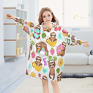 Kigai Cute Sloth Wearable Blanket Hoodie for Kids Oversized Hooded Sweatshirt Soft Cozy Flannel Blanket with Pocket
