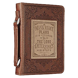 Christian Art Gifts Men's Classic Bible Cover A Man’s Heart Proverbs 16:9, Brown/Tan Faux Leather, Medium