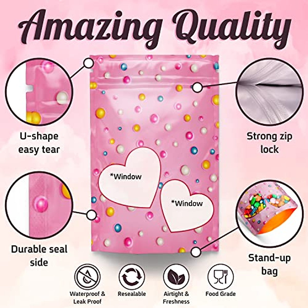 Resealable Standup Bags 5X8 inches. 100 Pk – Airtight, Waterproof, Zip Lock Seal and/or Heat Seal - Opaque Foil Pouch - Food Grade Bags For long shelf-life Storage (Large, candy)