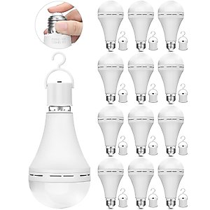 Mudder 12 Pcs 15W Rechargeable Emergency LED Bulb Battery Backup Emergency Light 1200mAh Battery Operated Light Bulb for Power Outage Home Outdoor Activity Camping Hurricane, 7000K Daylight, E27 Base