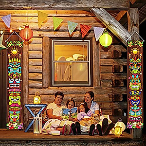 Tiki Banner Luau Hawaiian Party Decorations Set Tiki Totem Porch Sign for Aloha Tropical Hawaii Hibiscus Wall Hanging Decor Door Banner Carnival Party Jungle Background Backdrop (Tiki Luau Banner)