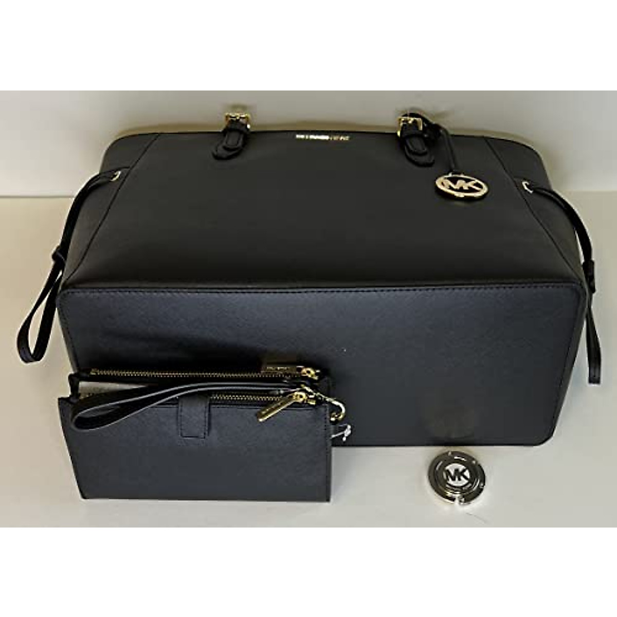 Michael Kors MICHAEL Michel Kors Gilly Large Drawstring Travel Tote bundled with Double Zip Wristlet Purse Hook (Black)