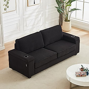 ERYE Modern Living Room Upholstered 3 Seater Sofa Couch Deep Seat Soft Corduroy Sofa&Couch with Storage Armrests, 2 Cupholders, Type-C and USB Charging Ports for Home, Apartment, Office